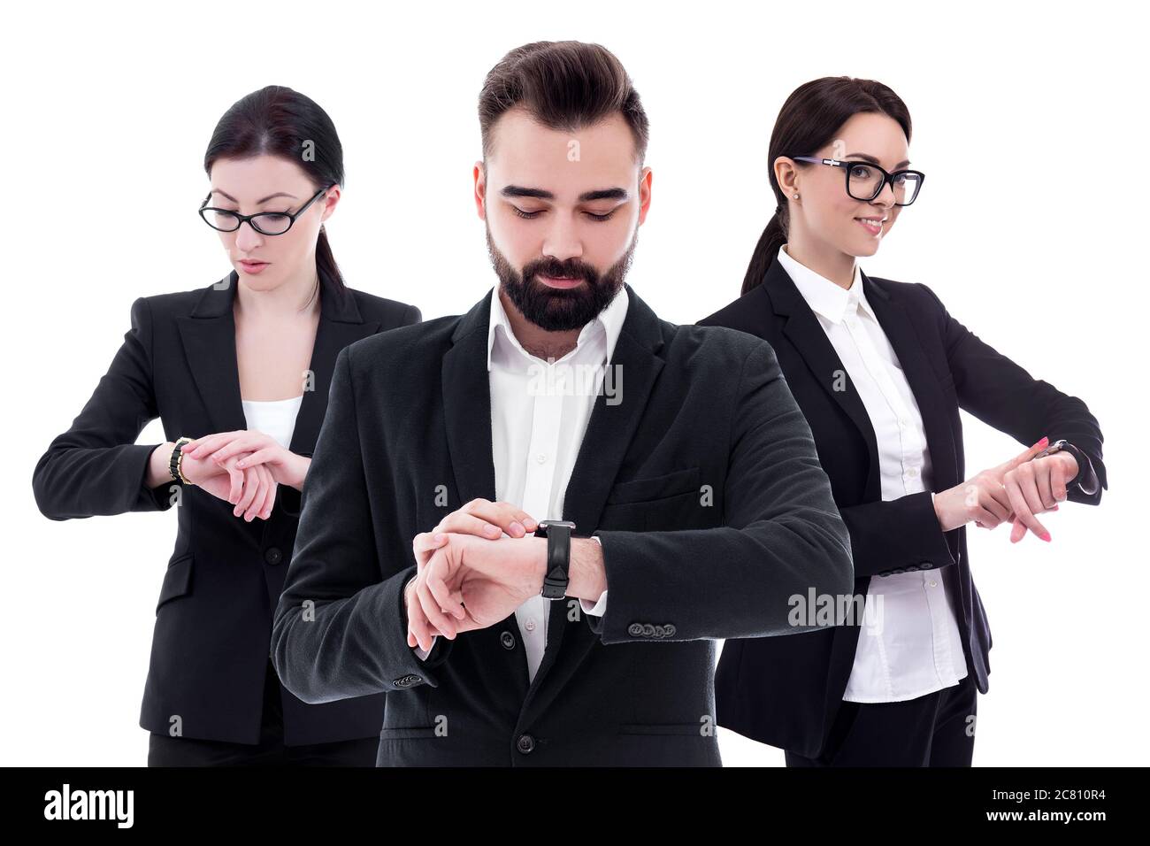 time concept - portrait of young business people checking time on wrist ...