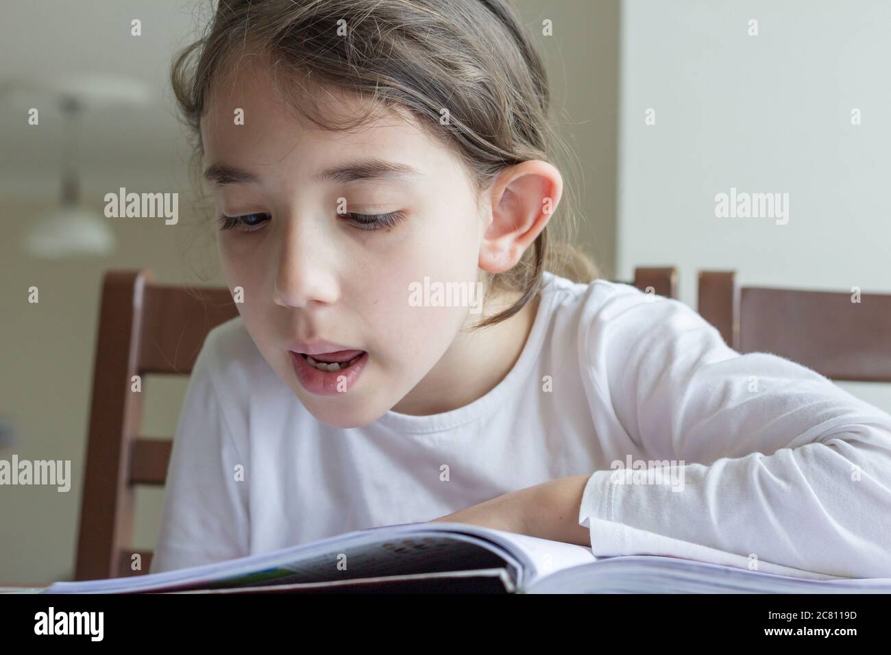 Elementary student makes her homework. She makes her own homework alone ...