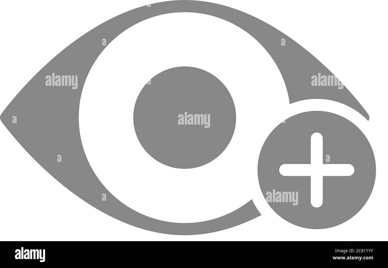 Human eye with plus grey icon. Healthy visual organ, hyperopia symbol ...