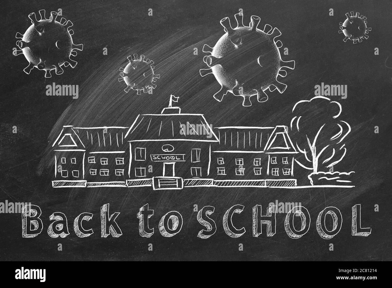 School building, coronavirus cells and lettering Back to School are ...