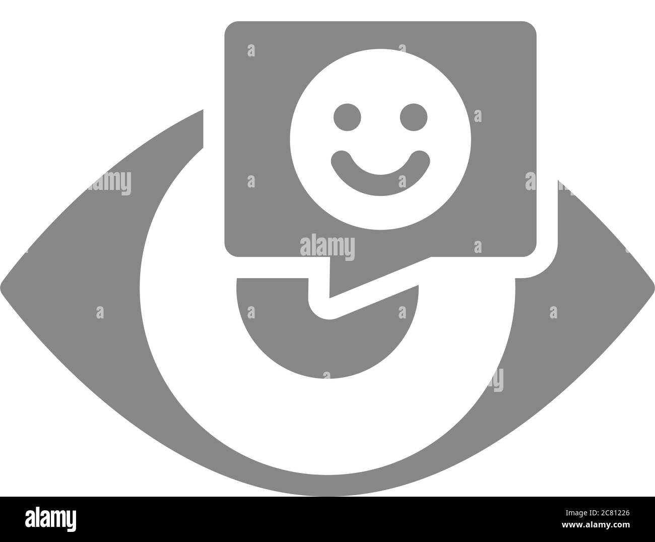 Human eye with happy face in chat bubble grey icon. Healthy visual ...