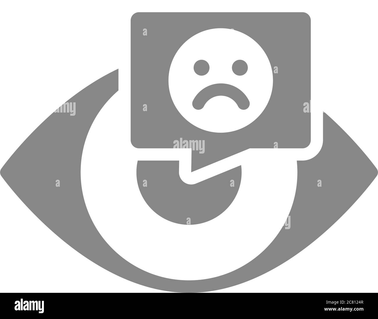 Human eye with sad face in chat bubble grey icon. Disease visual system ...