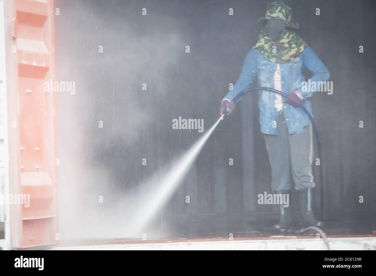 Clean the container With high pressure water Industrial work Stock ...