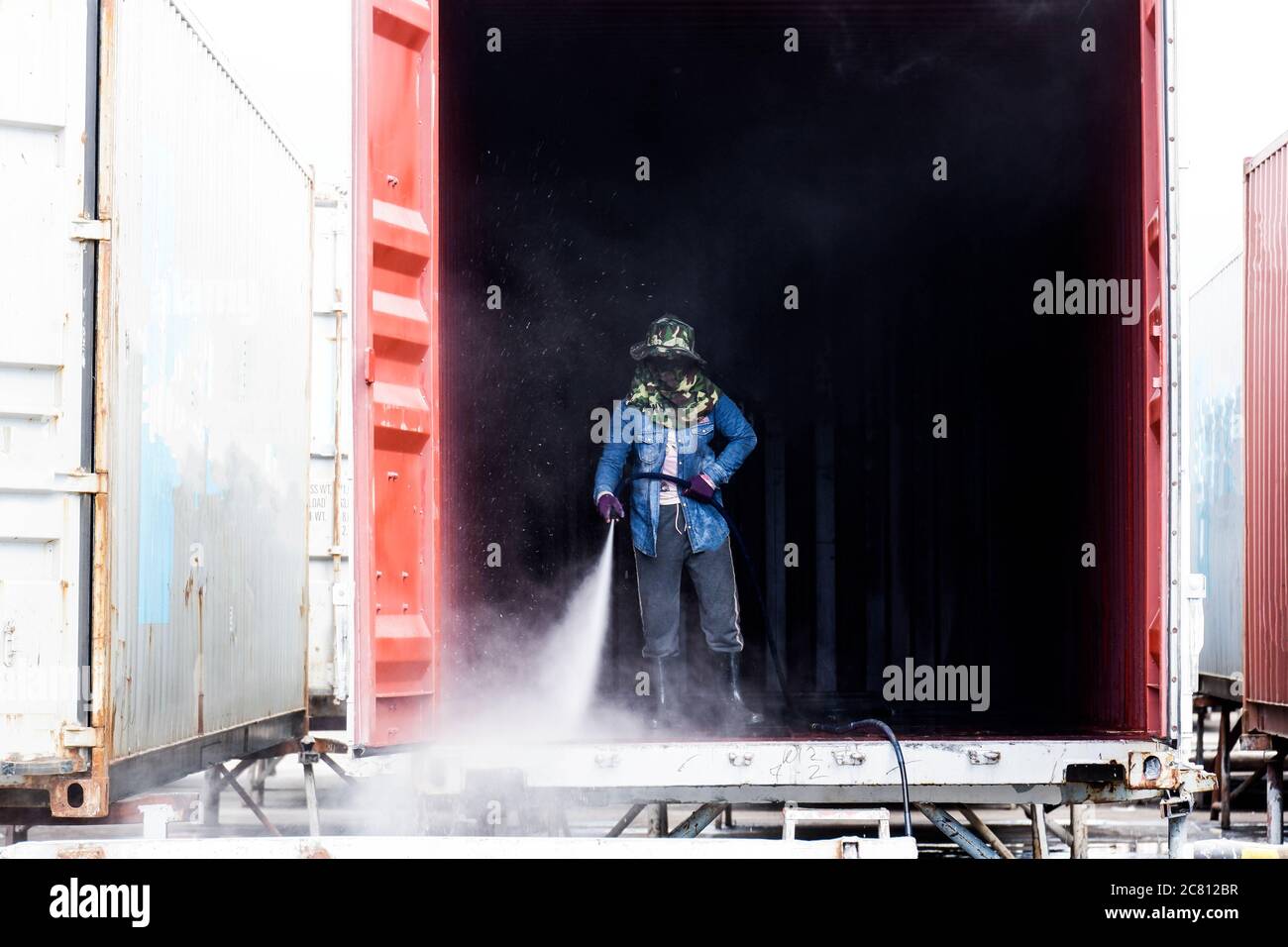 Clean the container With high pressure water Industrial work Stock ...