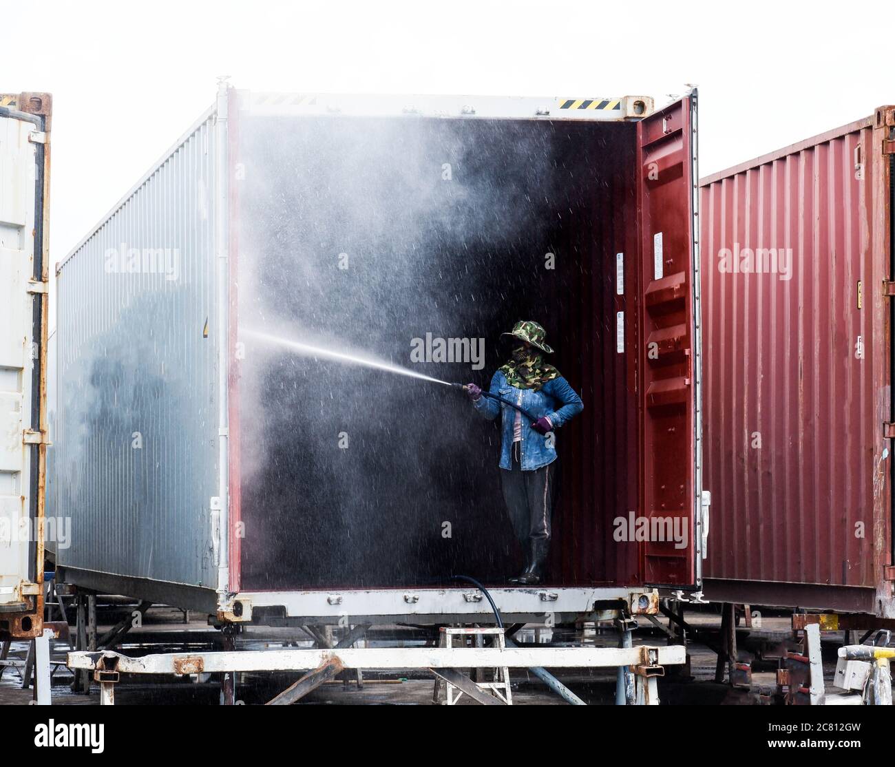 Clean the container With high pressure water Industrial work Stock ...