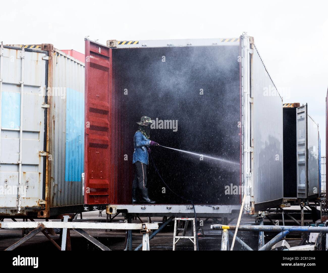 Clean the container With high pressure water Industrial work Stock ...