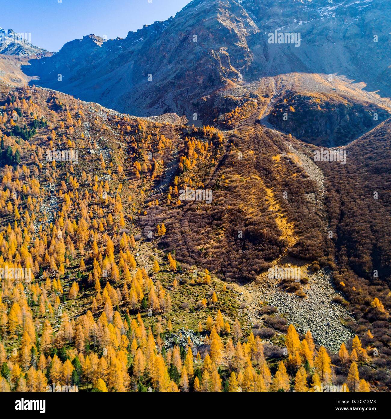 Val di Campo - Engadina (CH) - Autumnal aerial view of the Refuge Stock ...