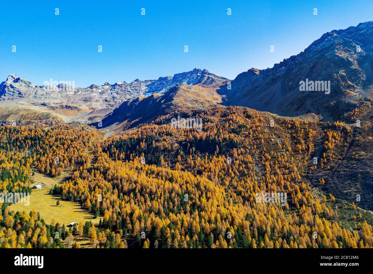 Val di Campo - Engadina (CH) - Autumnal aerial view of the Refuge Stock ...
