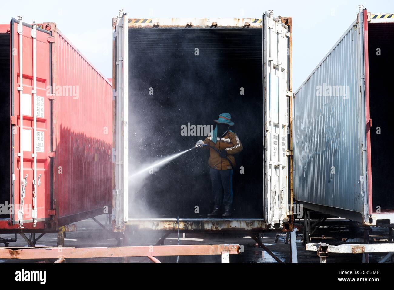 Clean the container With high pressure water Industrial work Stock ...
