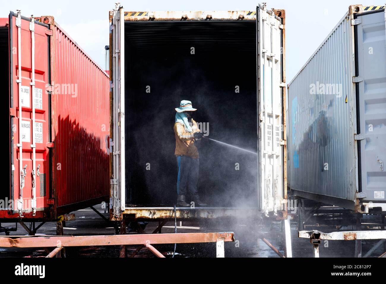 Clean the container With high pressure water Industrial work Stock ...