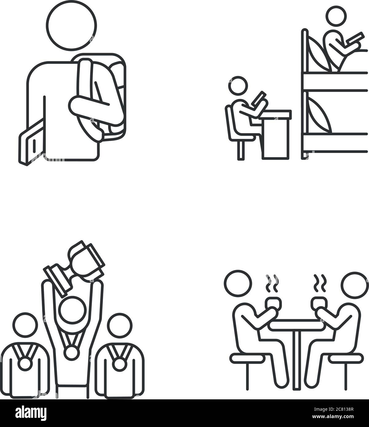 Student life pixel perfect linear icons set. Campus life and activities ...