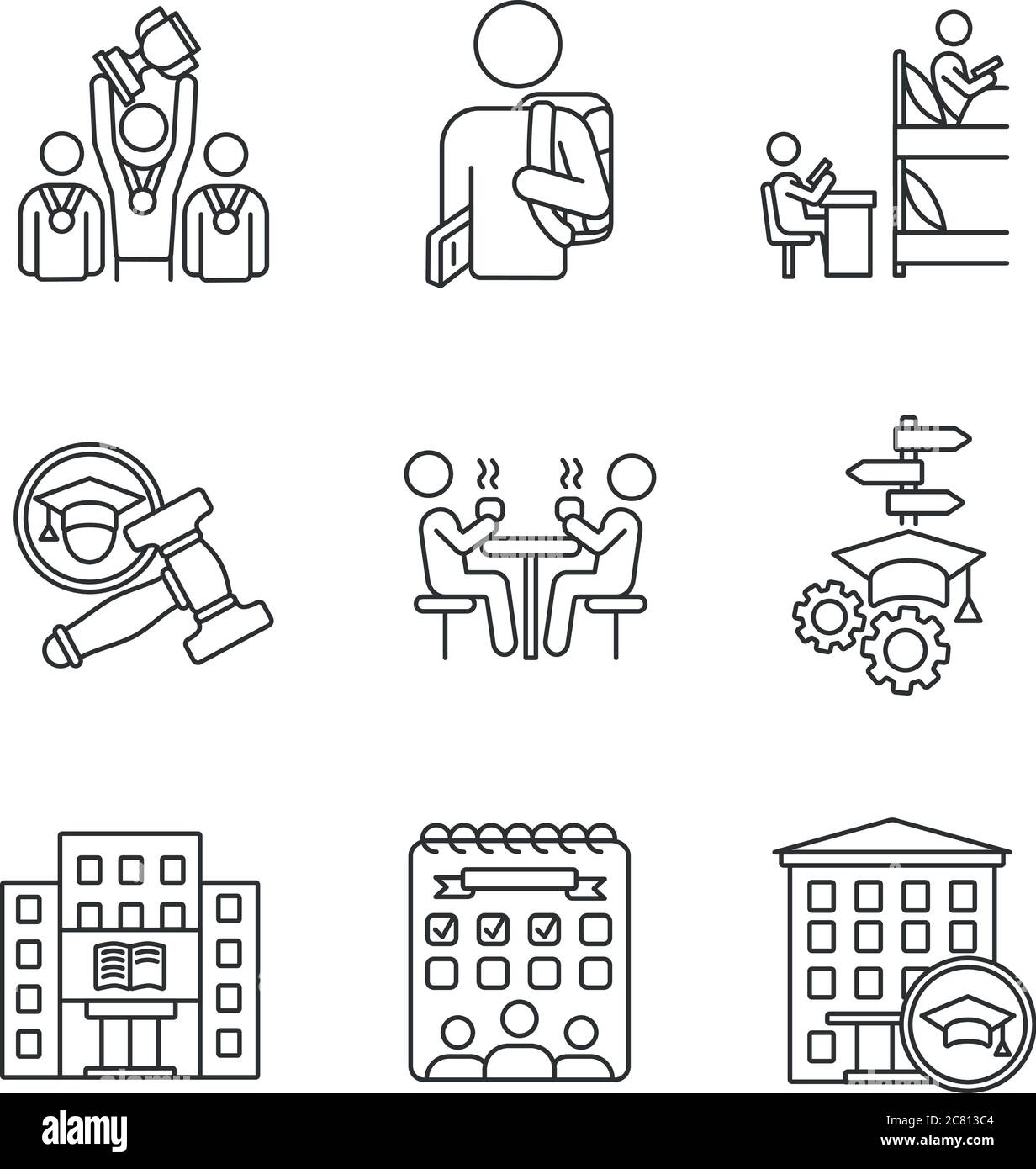 University life pixel perfect linear icons set. Freshmen life and ...