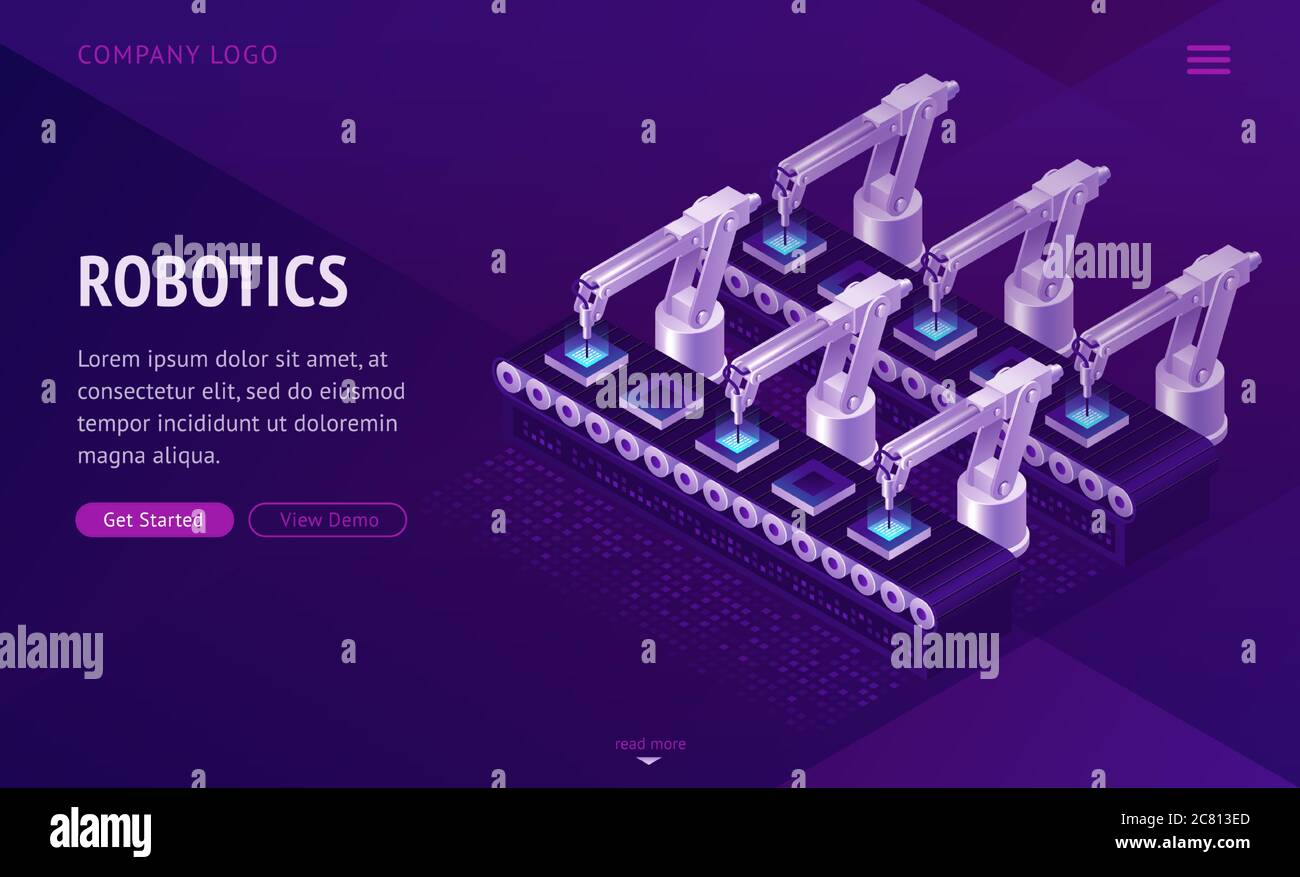 Robotics factory conveyor belt isometric landing page. Robot arms create electronics production ...