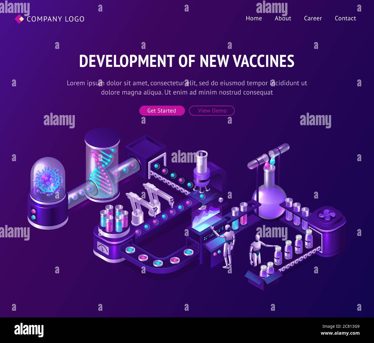 Vaccine development in laboratory isometric landing page, ai cyborgs managing conveyor belt with ...