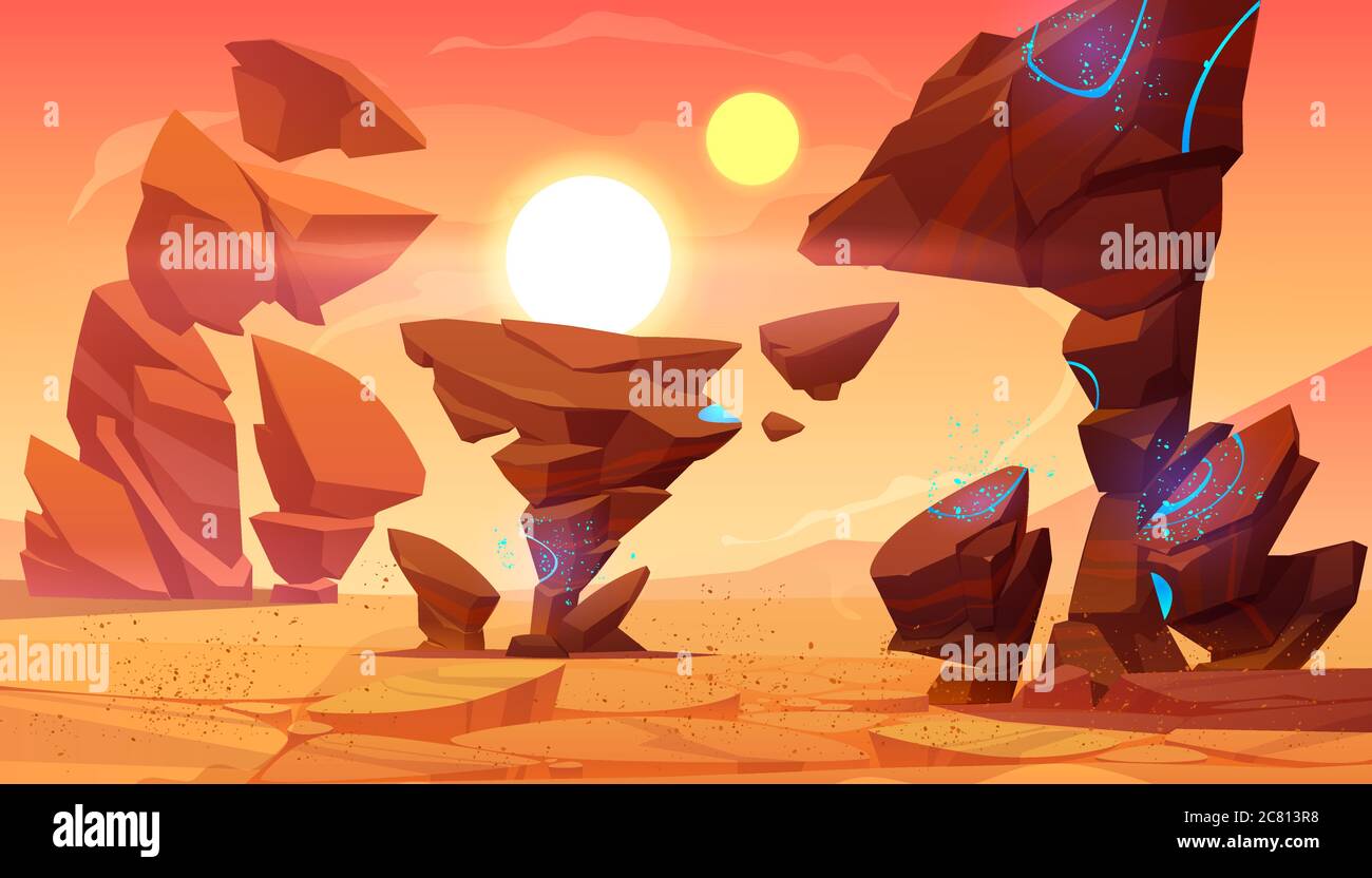 Alien planet desert in cosmos. Mars landscape with ocher ground surface ...