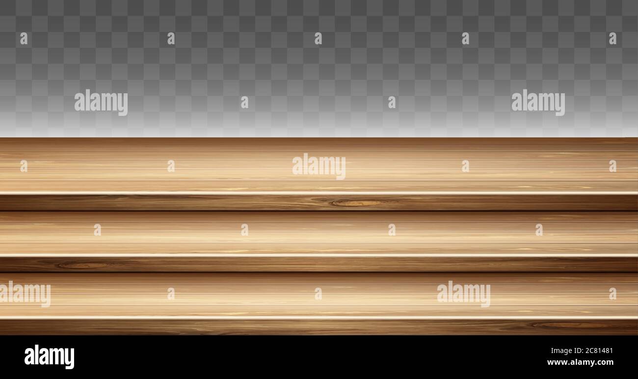 Step wooden table top, 3-tier display stand. Vector realistic mockup of ...