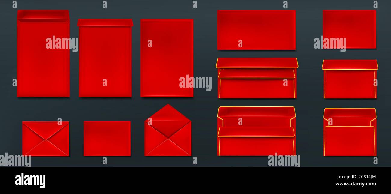 Red envelopes template set. Blank closed and open paper covers ...