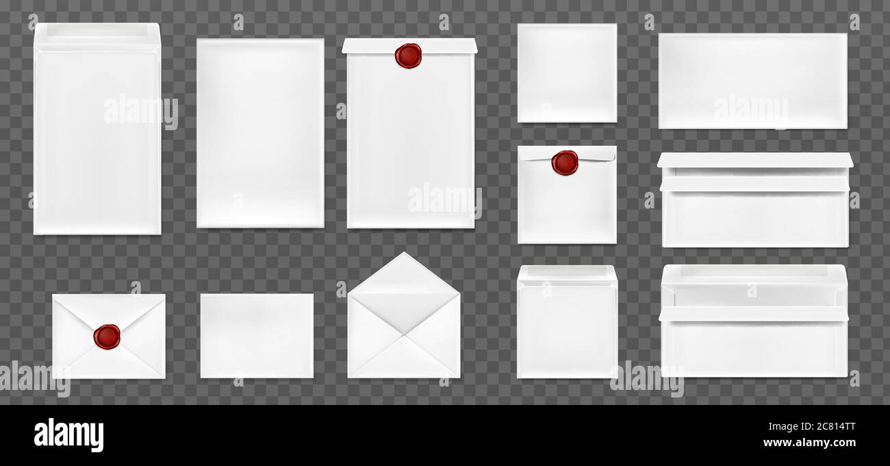 White envelopes with red wax seal. Vector realistic mockup of blank ...