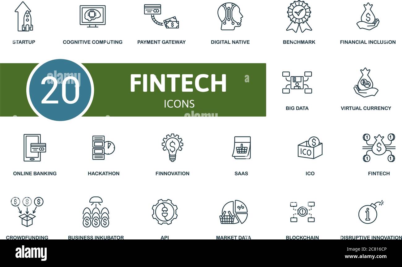 Fintech icon set. Collection contain virtual currency, hackathon ...