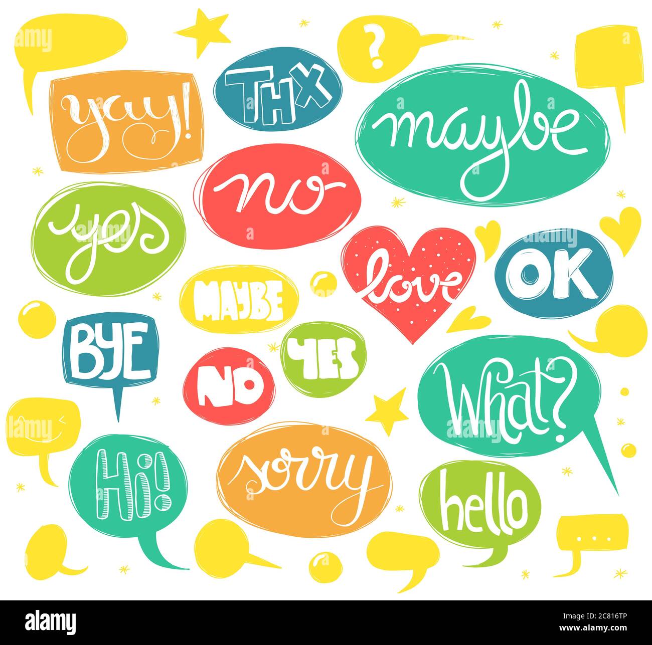 Hand lettered words in colorful, sketchy text balloons Stock Photo - Alamy