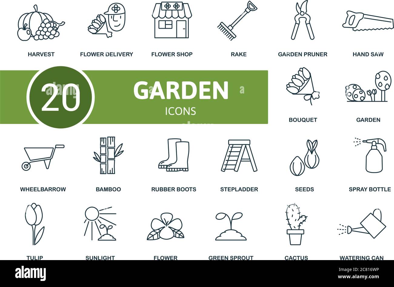 Garden icon set. Collection contain seeds, harvest, garden pruner ...