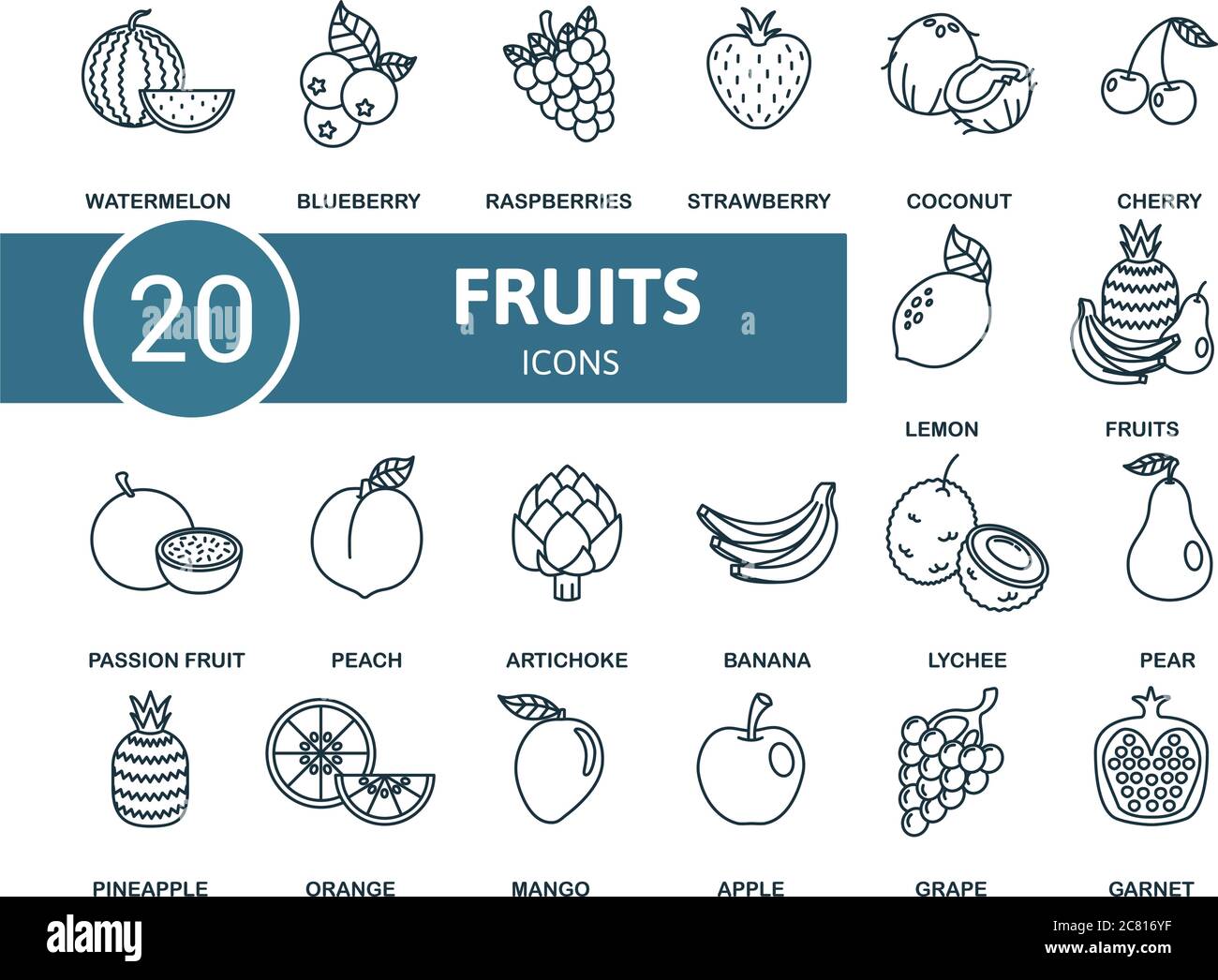 Fruits icon set. Collection contain watermelon, mango, strawberry ...
