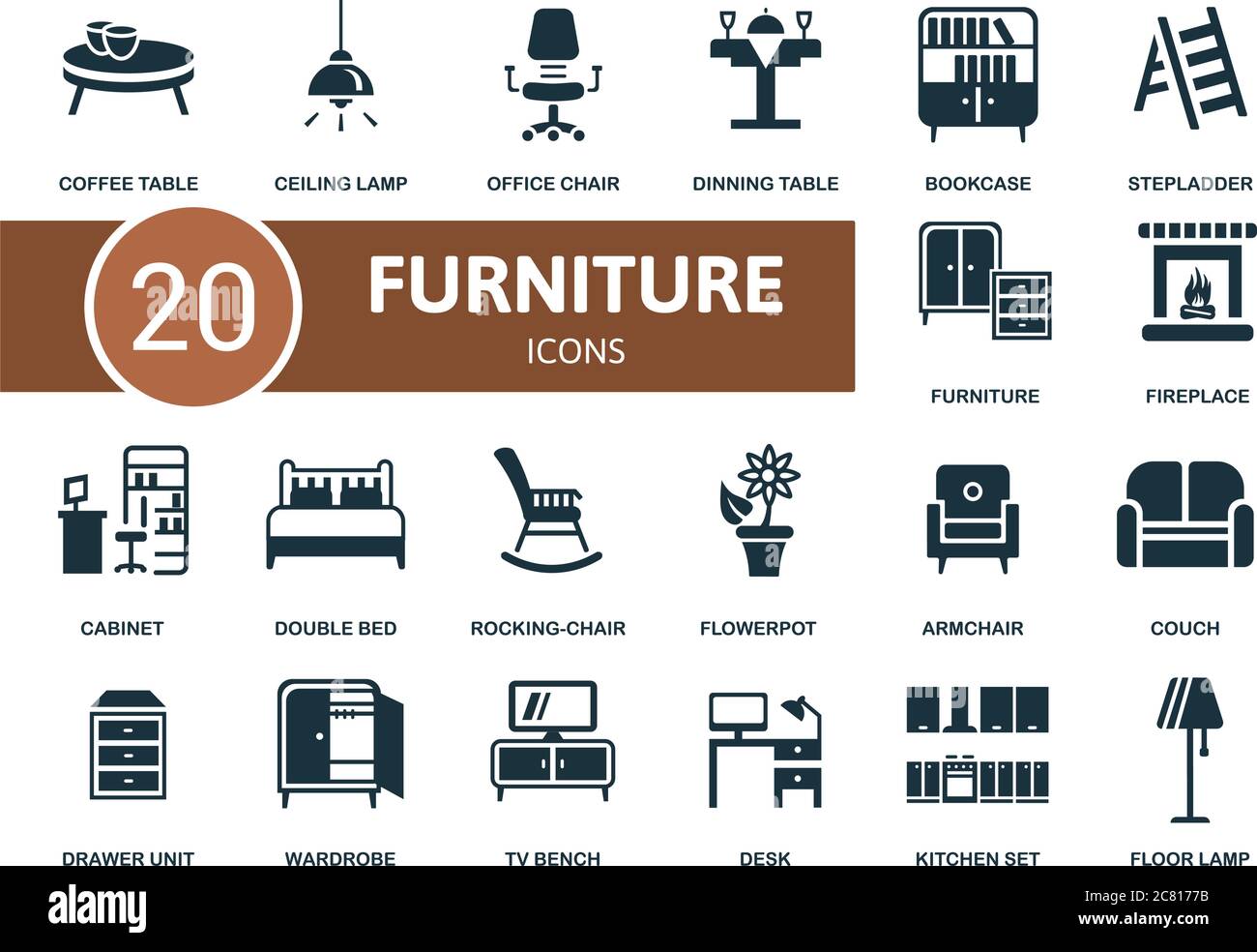 Furniture icon set. Collection contain office chair, bookcase, couch ...