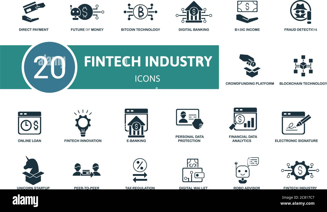 Fintech Industry icon set. Collection contain robo advisor, peer-to ...
