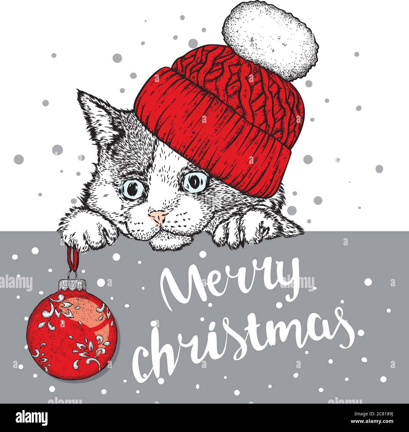 Funny cat in a Christmas hat and scarf. Vector illustration for a card ...
