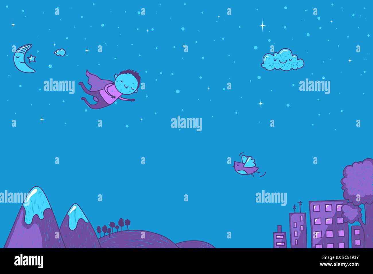 Cute cartoon of a night scene with a superhero flying over the ...
