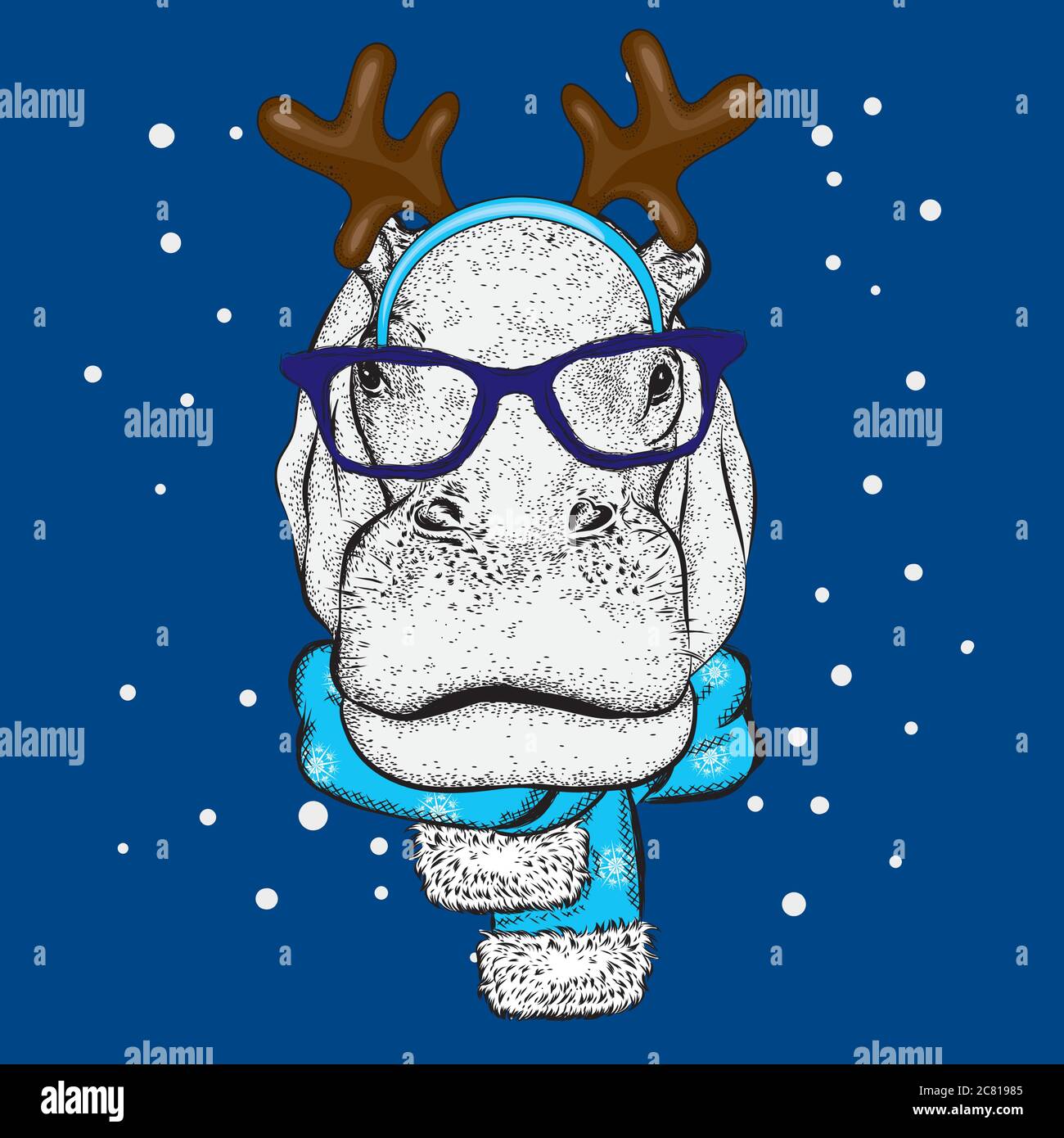 Funny Hippo in glasses and with horns. Hippopotamus in a deer costume ...