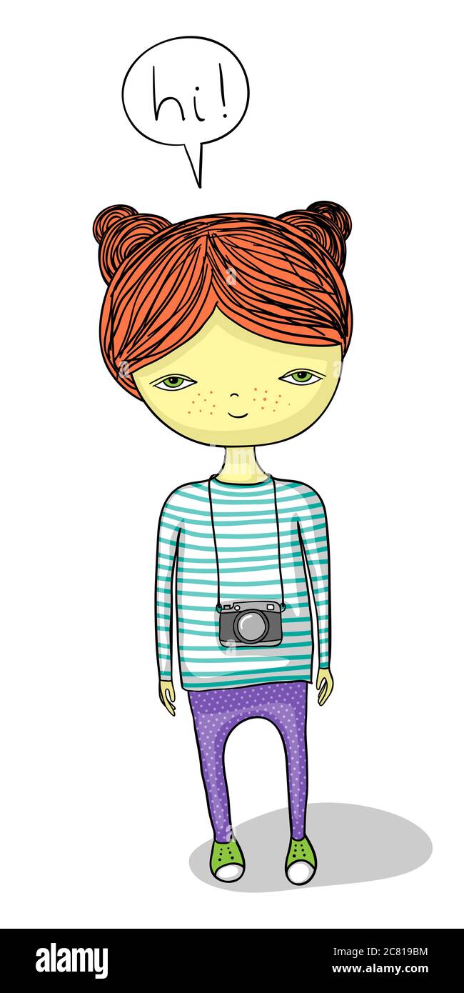 Cute red-haired cartoon girl with camera saying hi Stock Photo - Alamy