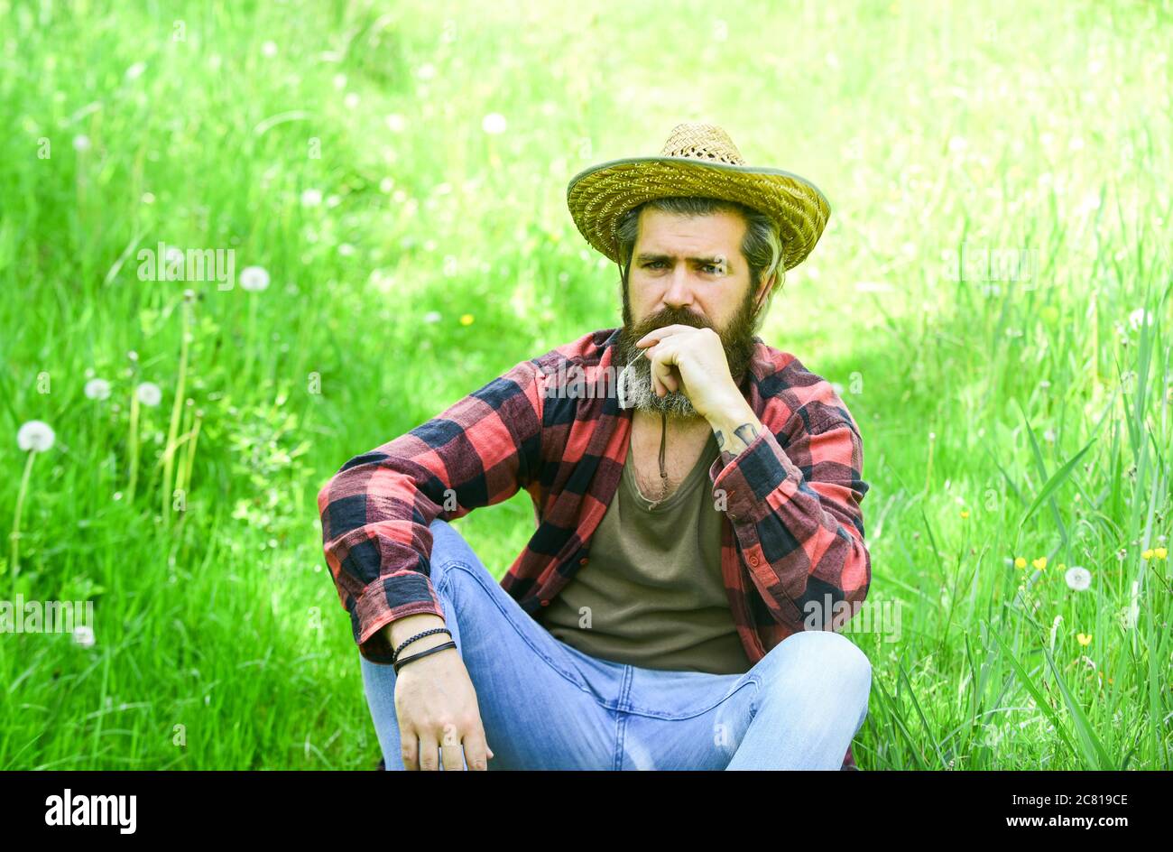 Eco environment. Summer rest. Ranch man in cowboy straw hat. Eco farm ...