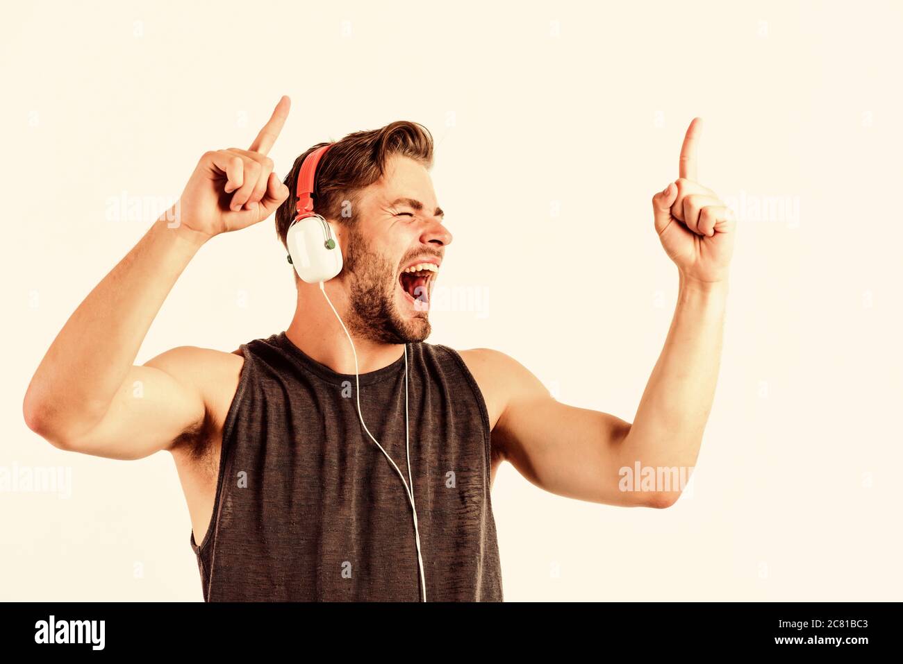 Equipment for dj. Start this party. Man handsome dj using modern ...