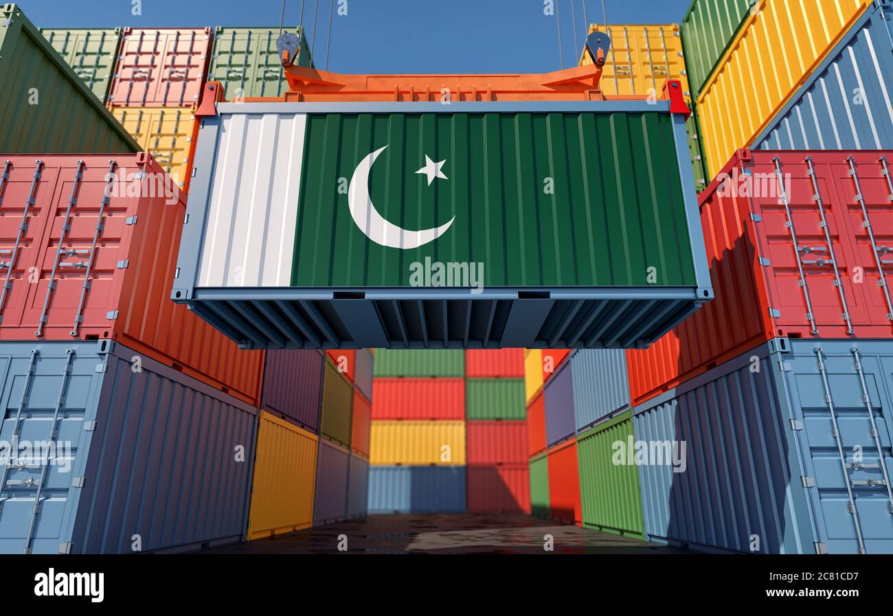 Freight container with Pakistan flag on a container terminal. 3D ...