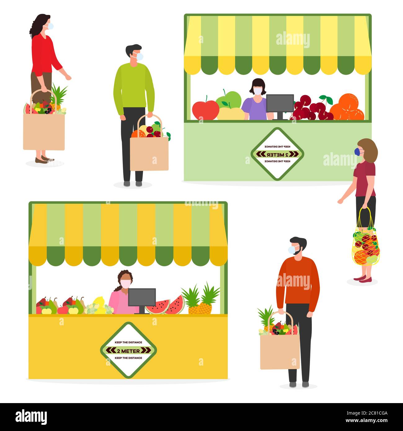 Vector illustration People Social distancing Market Selling vegetables ...