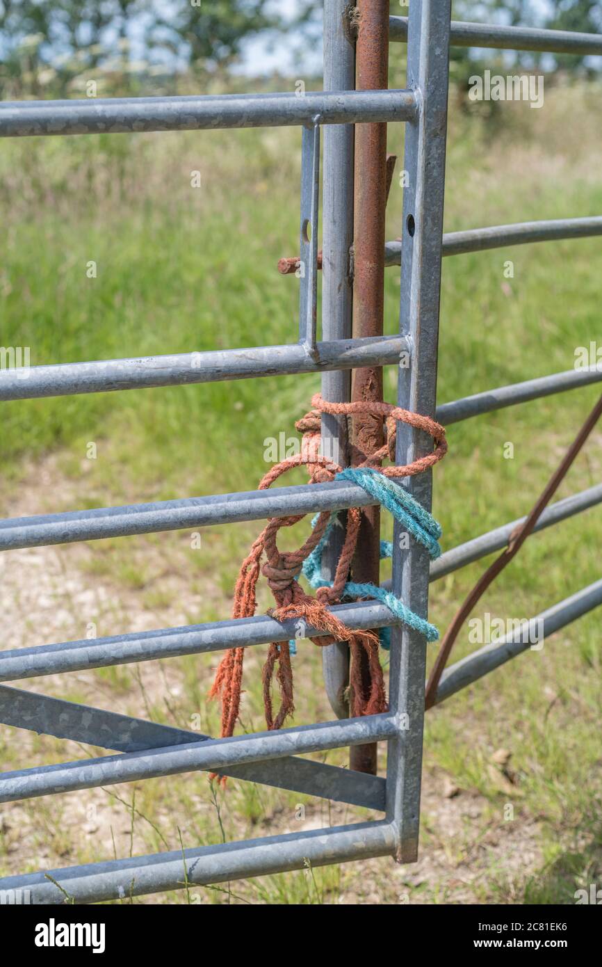 Galvanized & rusty metal farm gates lashed together. For lash-up ...