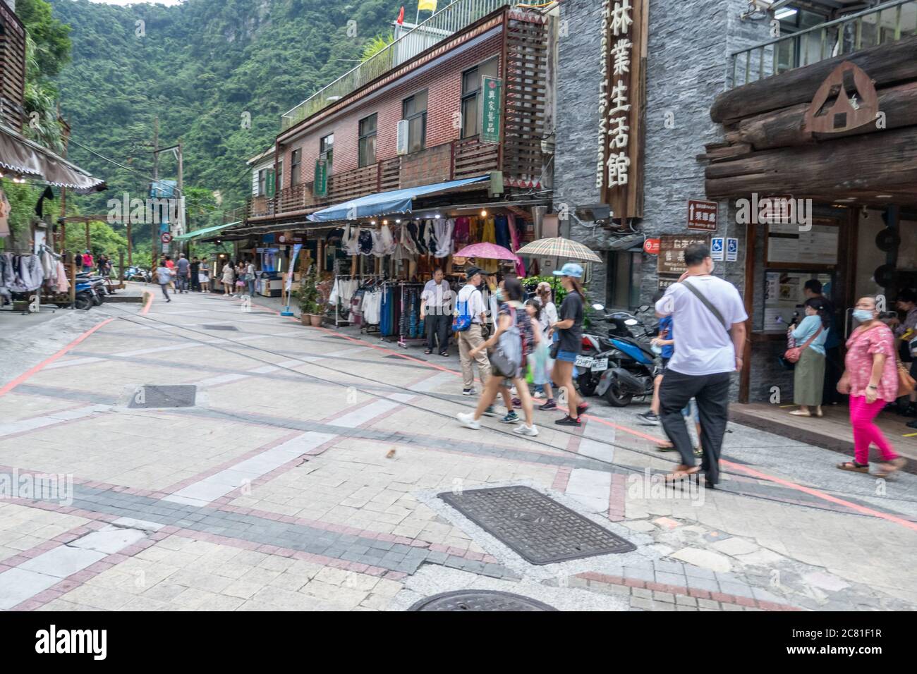 NEW TAIPEI CITY, TAIWAN - JULY 19 2020: Crowds of shoppers in Wulai, an ...