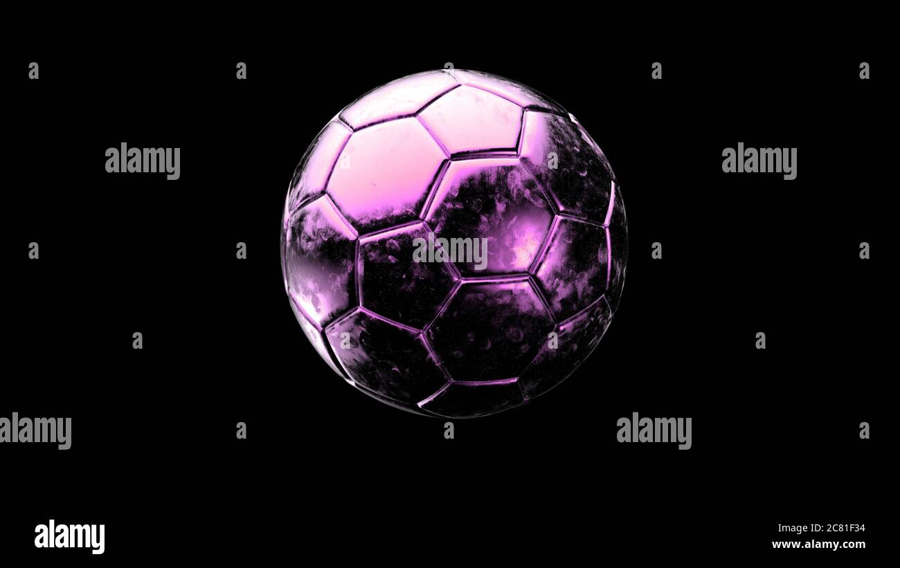 purple soccer metal ball isolated on black background. Football 3d ...