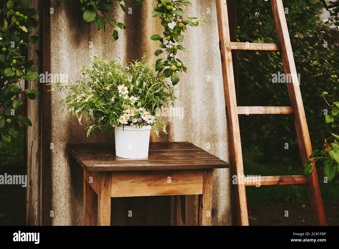 Flowers a wooden table Bouquet of wildflowers and chamomiles Authentic ...