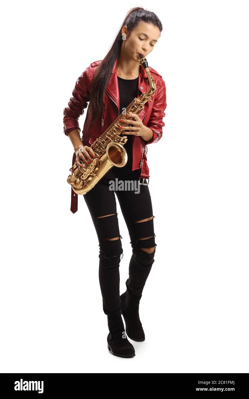 Full length portrait of a beautiful young woman playing a saxophone ...