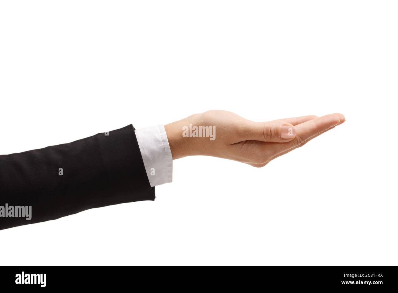 Empty female hand in a formal wear holding isolated on white background ...