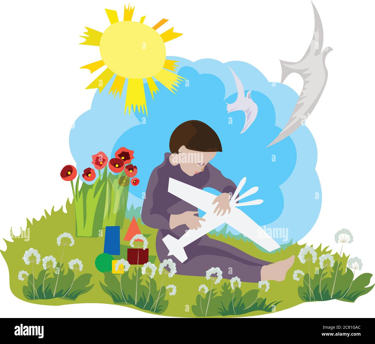 A little boy playing with a plane toy on a summer day surrounded by ...