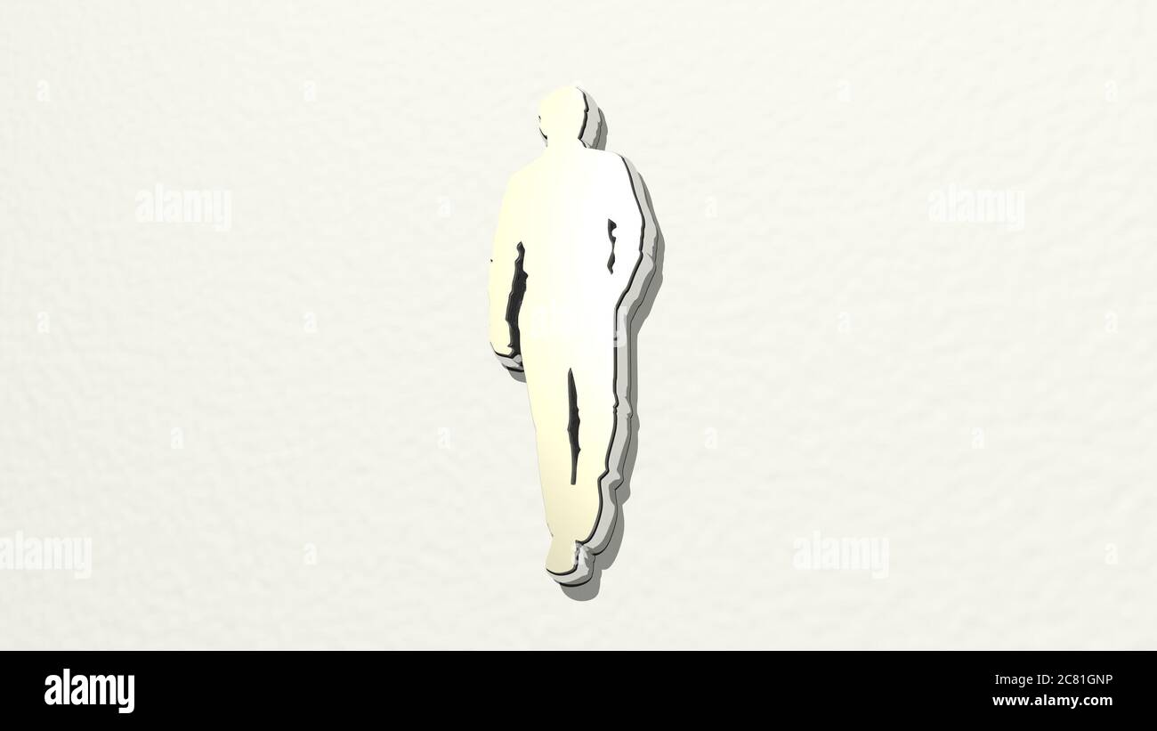 YOUNG MAN WALKING on the wall. 3D illustration of metallic sculpture ...