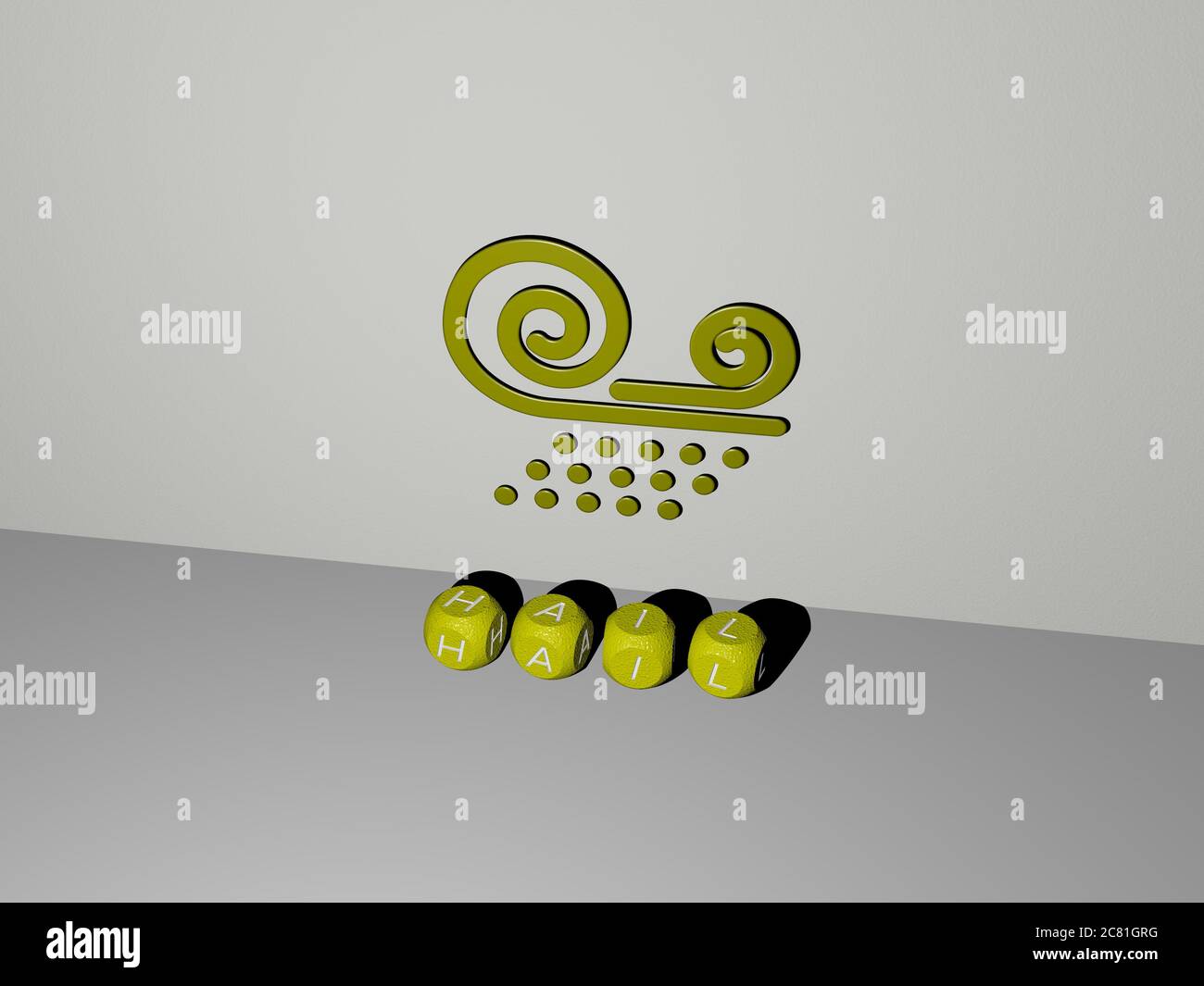 3D illustration of hail graphics and text made by metallic dice letters ...