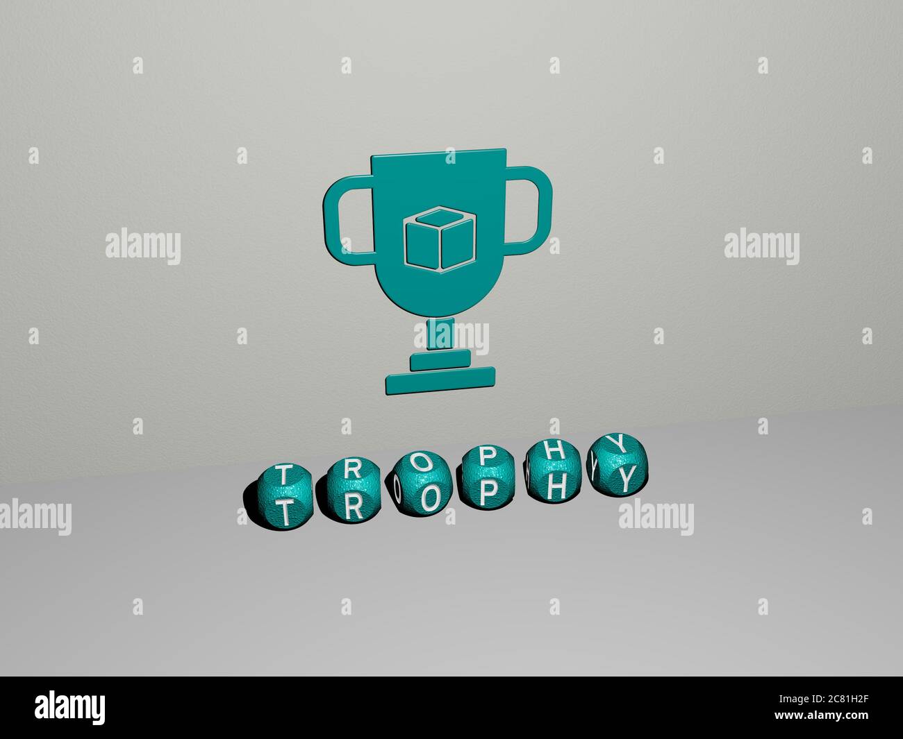 3D illustration of trophy graphics and text made by metallic dice ...