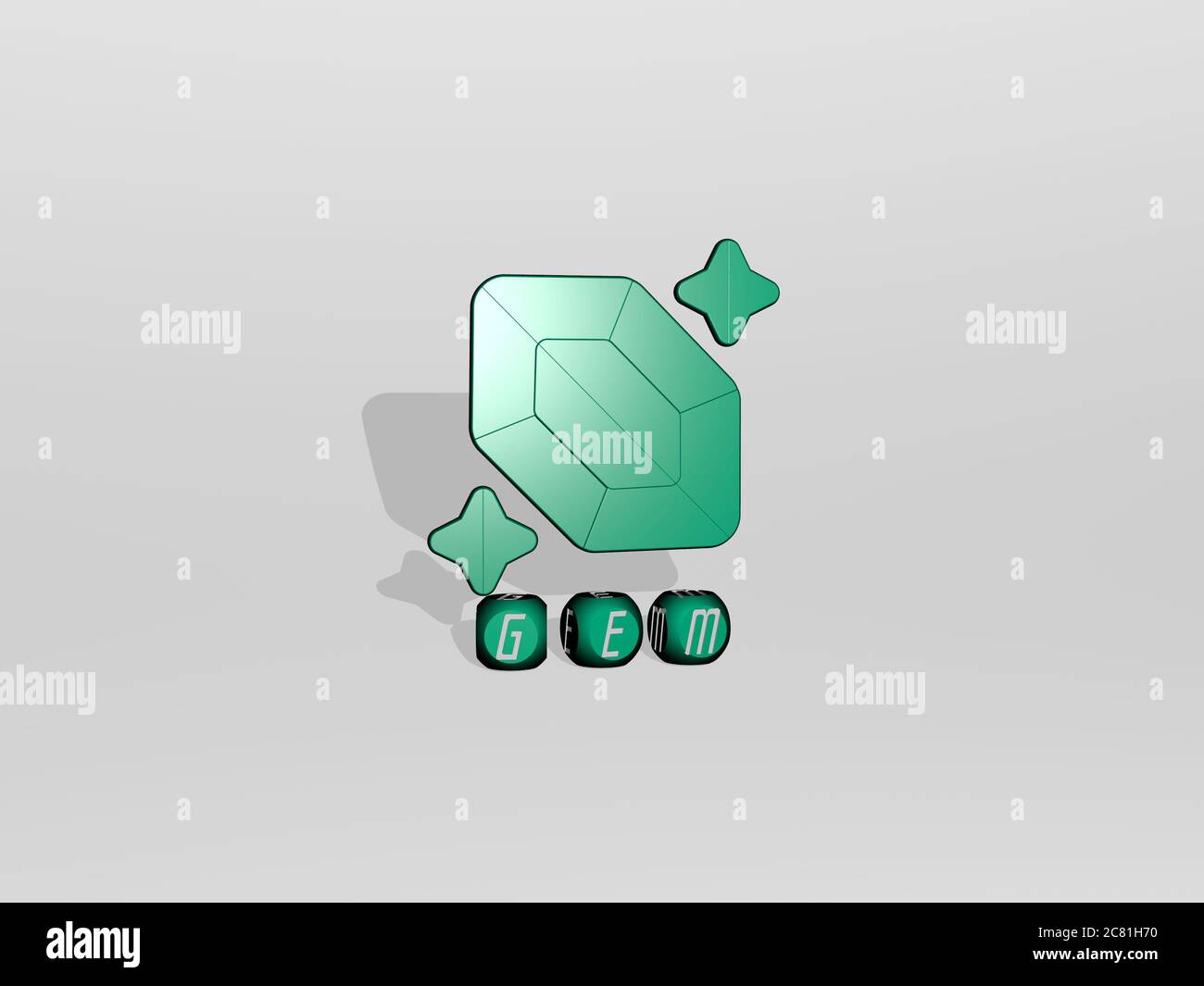 3D illustration of gem graphics and text made by metallic dice letters ...