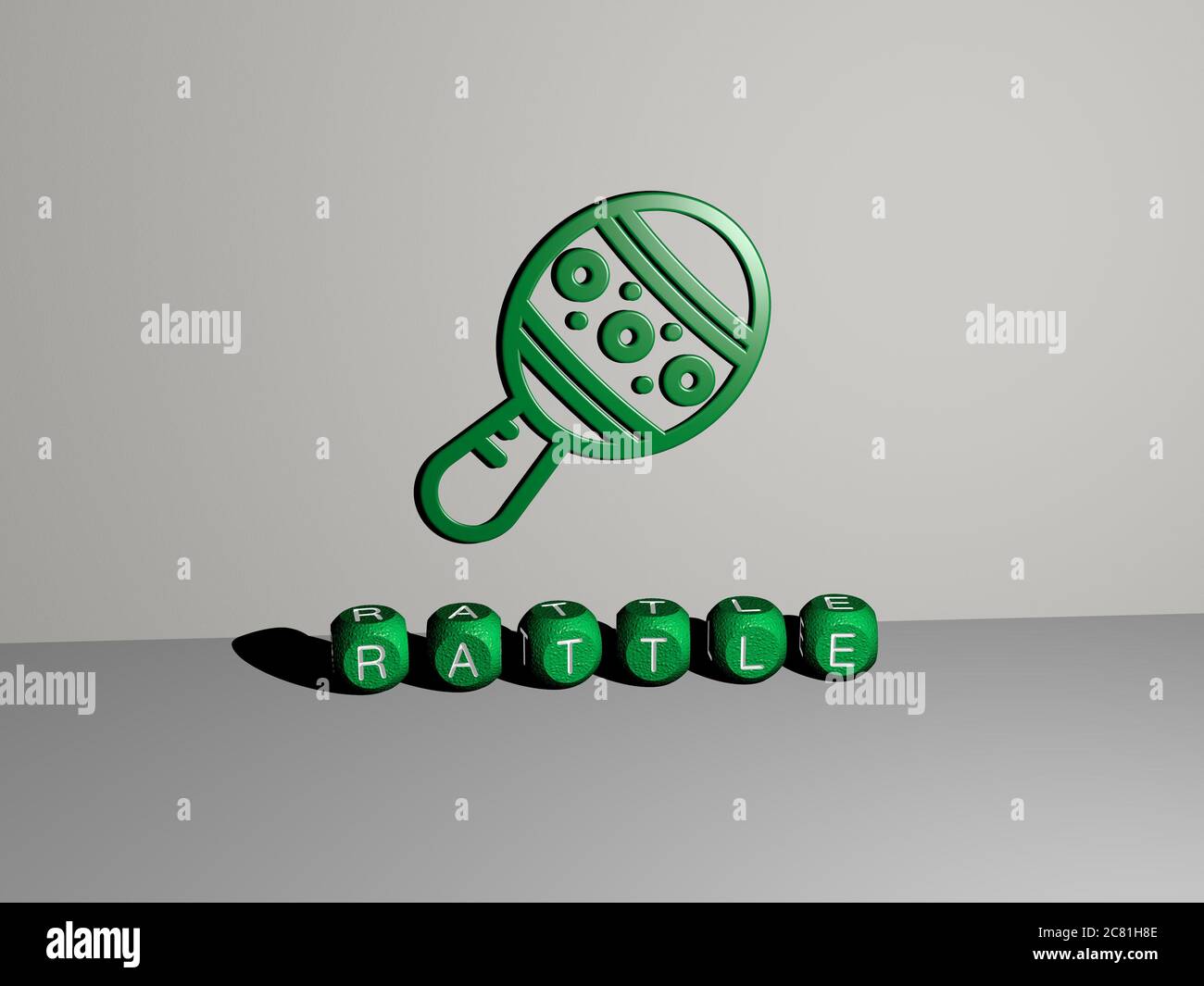 3D illustration of RATTLE graphics and text made by metallic dice ...