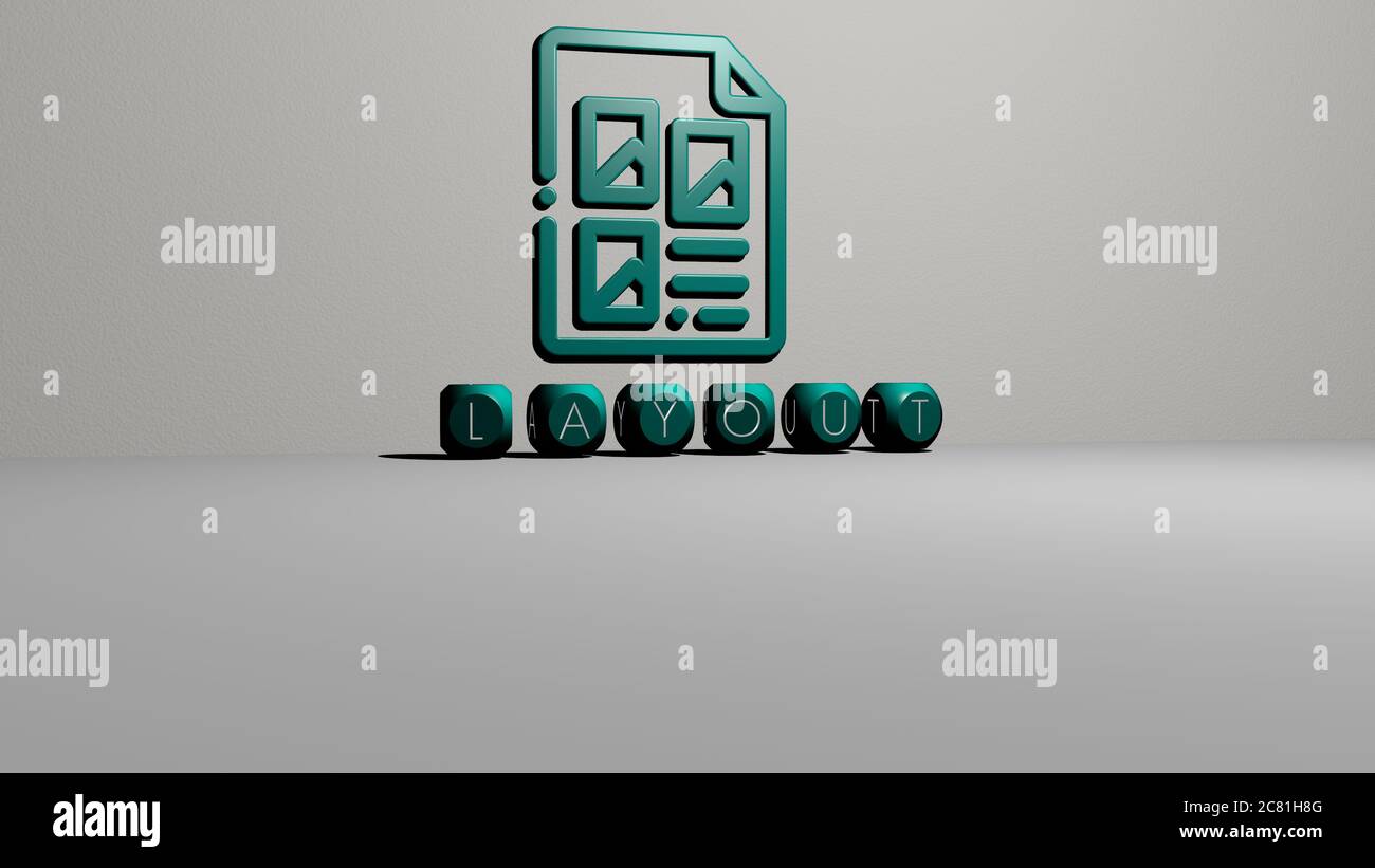 3D illustration of LAYOUT graphics and text made by metallic dice ...