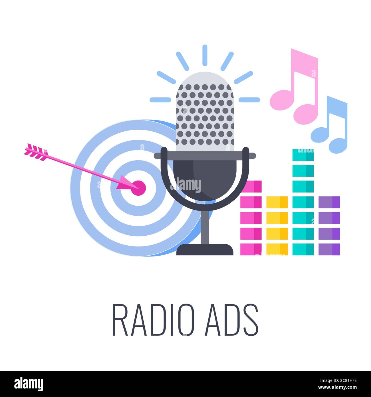 Radio ads icon. Radio microphone, arrow target and music sounds Stock ...